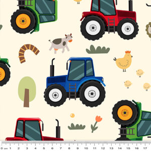 04 Trees & Farm Animals Cream Tractor Tales (5099) - KK Fabrics